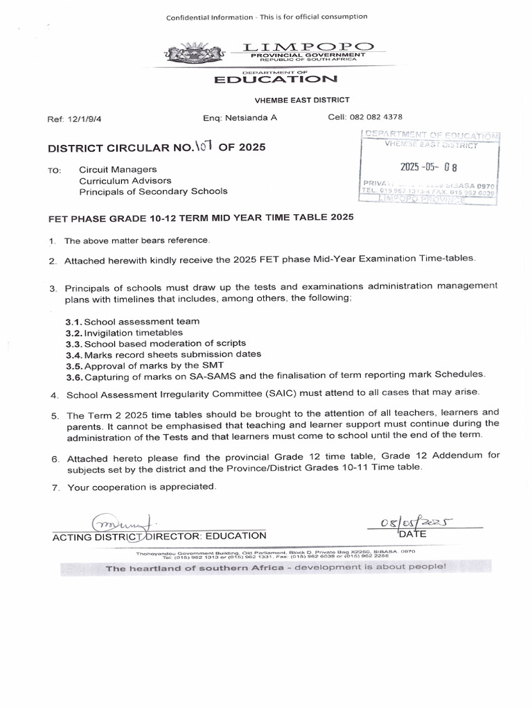 CIRCULAR 107 GR 1-12 MID - YEAR EXAM TIME TABLES 2025 FINAL Et - Al | PDF | Science