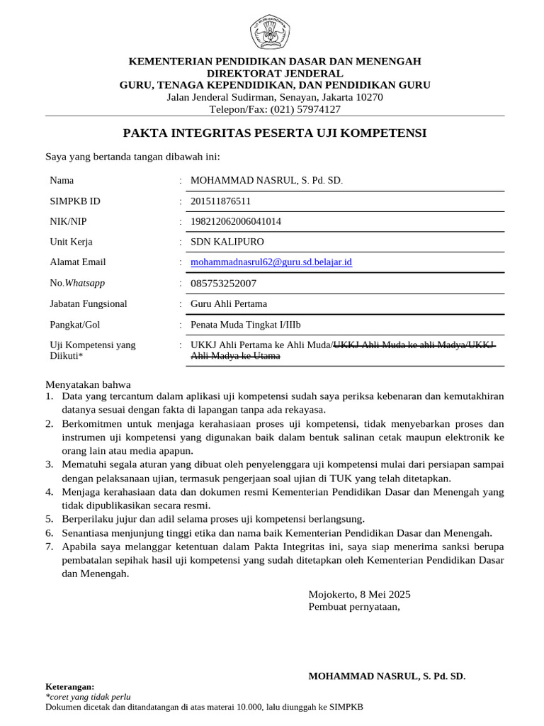 Pakta - Integritas - Peserta - Uji - Kompetensi - 2025 - MOHAMMAD NASRUL | PDF