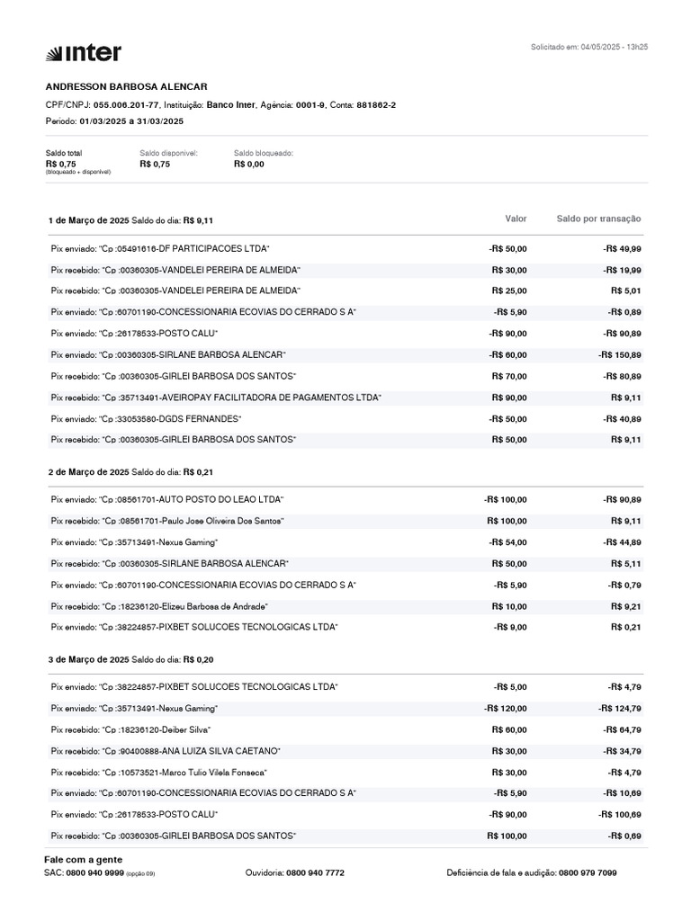 Extrato 01 03 2025 A 31 03 2025 | PDF | Tecnologia bancária | Pagamentos
