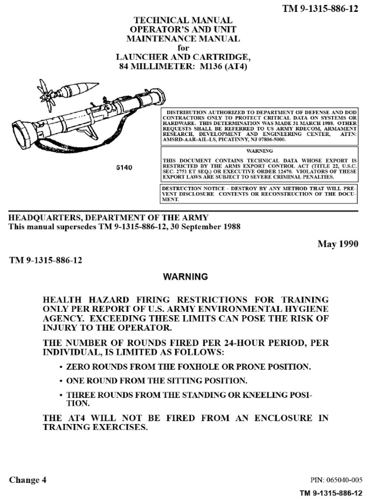 TM 9-1315-886-12 Launcher and Cartridge, 84 Millimeter, M136 AT4 1990 | PDF
