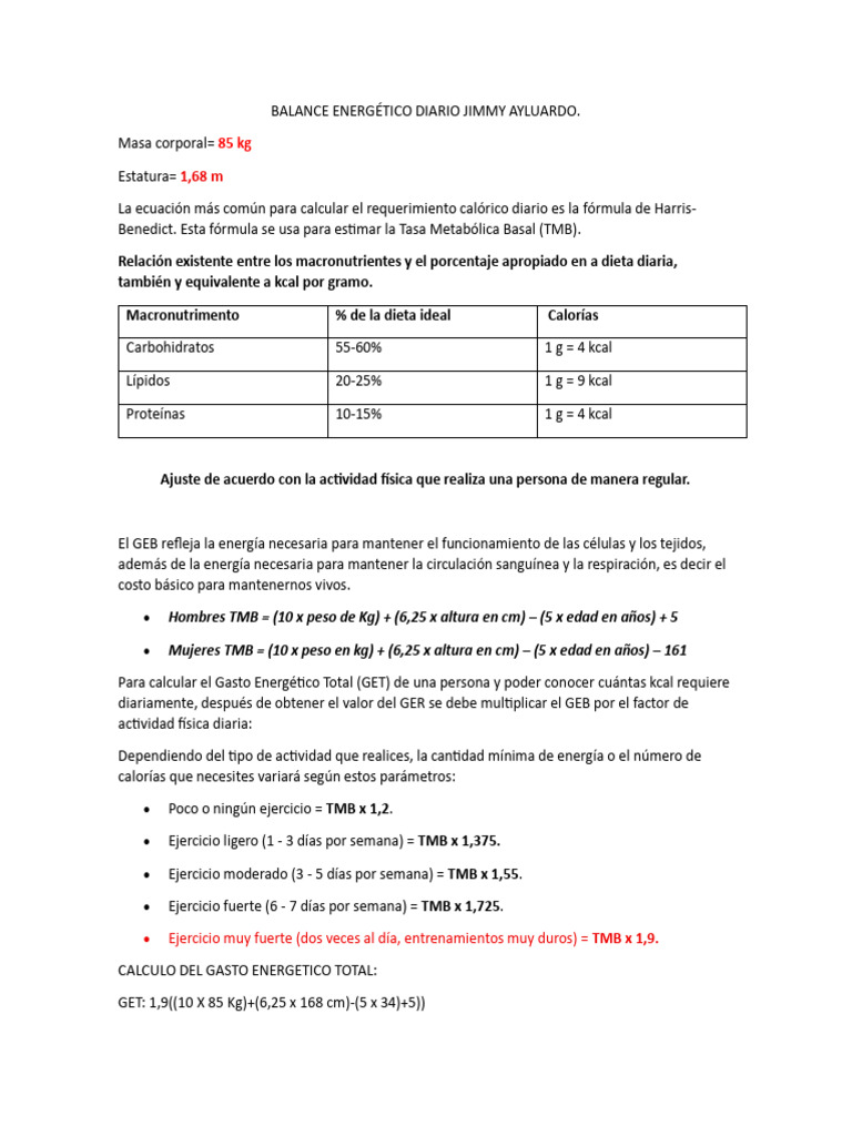 Cálculo del Balance Energético Diario | PDF | Caloría | Nutrición