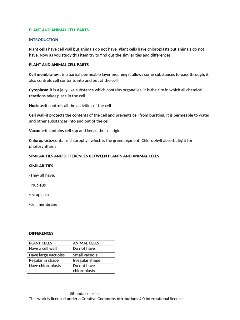 Biology - F 1 Cells-Plant and Animal Cell Parts | PDF