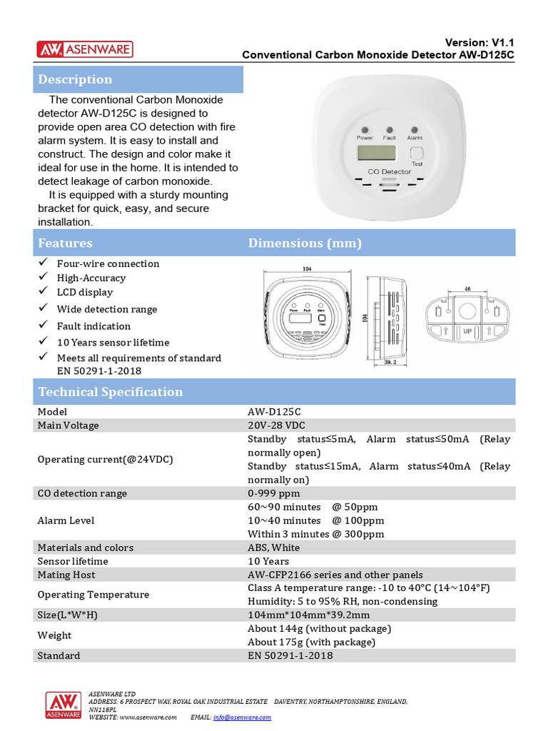 Conventional CO Detector AW-D125C Manual | PDF | Sensor | Manufactured ...