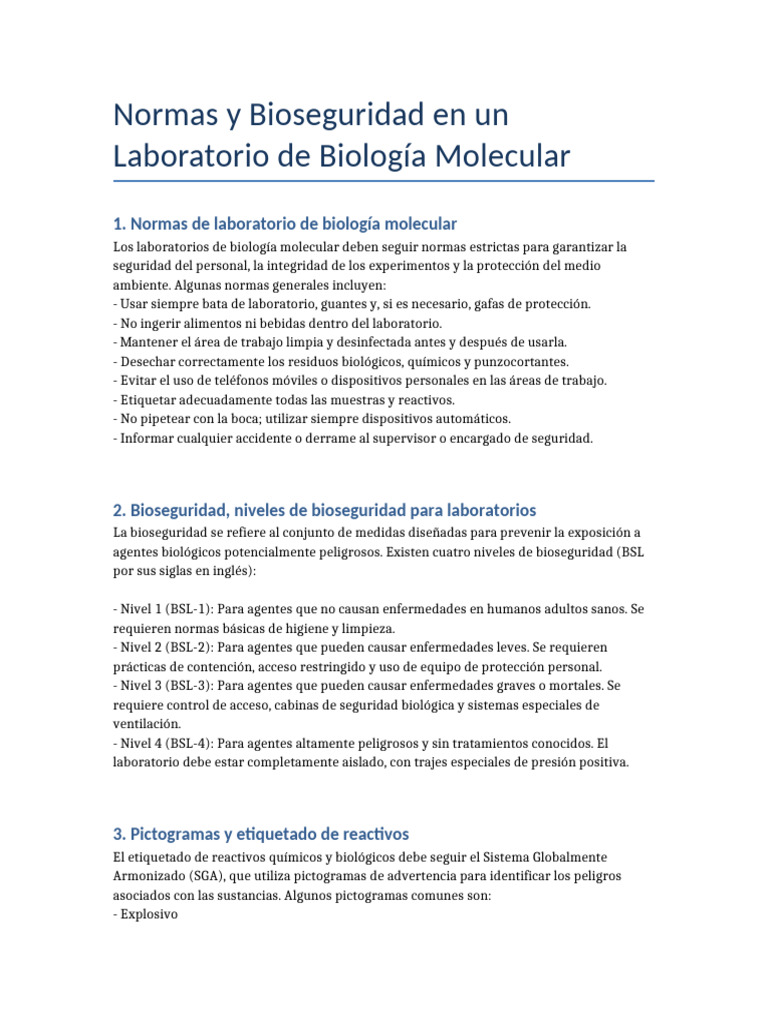 Normas y Bioseguridad Laboratorio Biologia Molecular | PDF