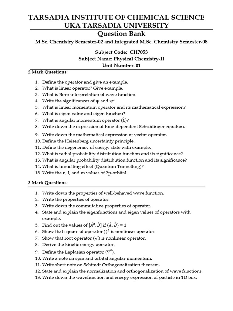 Question Bank - CH7053 - Physical Chemistry-II - NEP-2020 - MSC - Sem ...