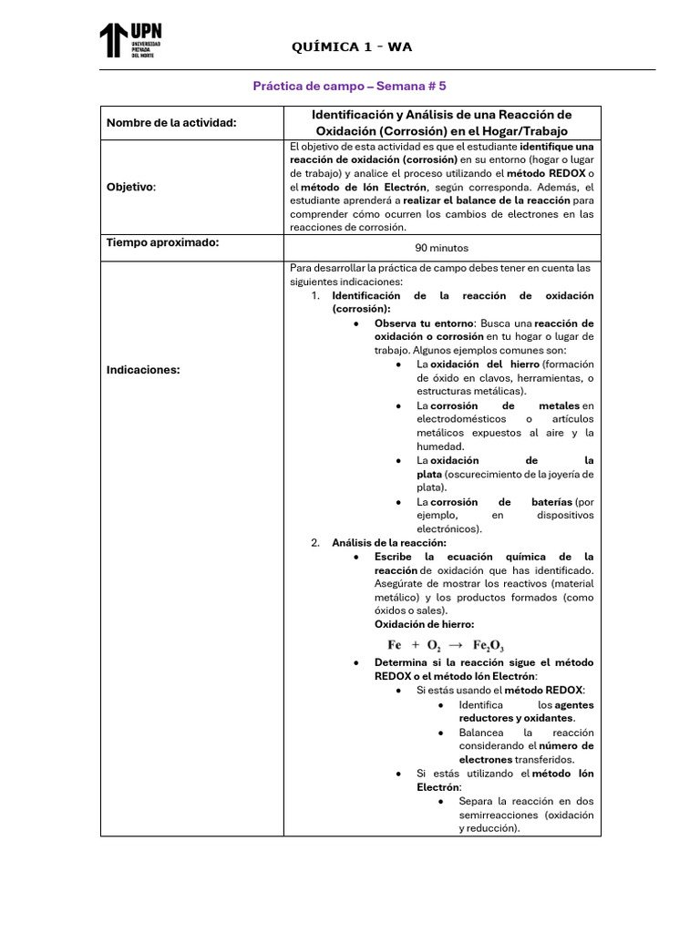 Práctica de Campo - Sem5 | PDF | Redox | Reacciones químicas