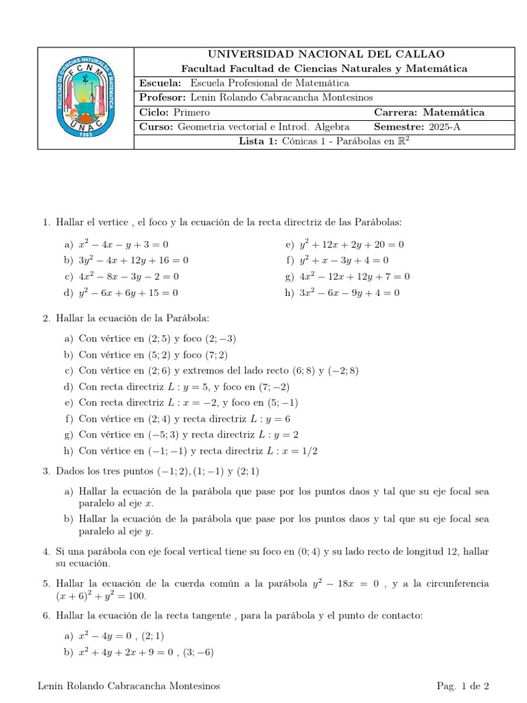 Lista_de_ejercicios_1_Cónicas_Parábola_U2_GEOMETRIA_VECTORIAL__FCNM_2025_EPM | PDF | Geometría ...