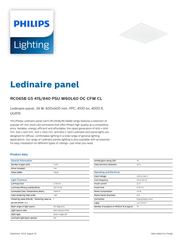 Philips 34W 4100lm 4000K UGR19 | PDF | Lighting | Electricity