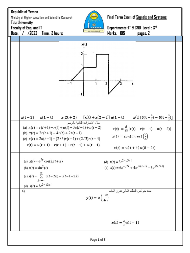 Signals and Systems Final Exam | PDF | Mathematical Analysis ...