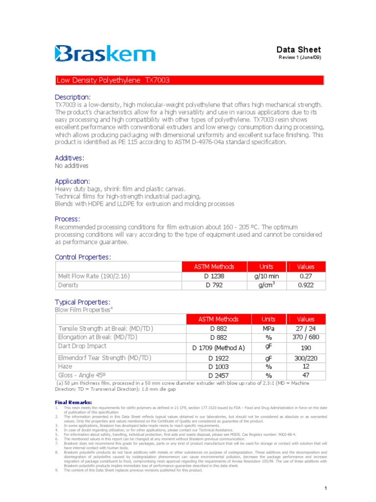 TX7003 Low-Density Polyethylene Data Sheet | PDF | Polyethylene | Extrusion