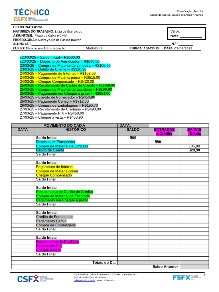 Lista de Exercícios - Fluxo de Caixa e CMV - 03-04-25 - Alunos | PDF | Fluxo de caixa | Cheque ...