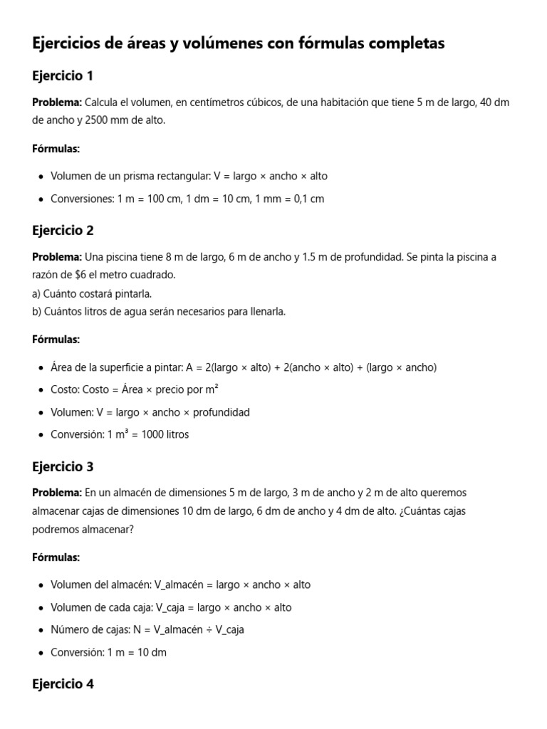 Ejercicios de áreas y volúmenes con fórmulas | PDF | Volumen | Politopos