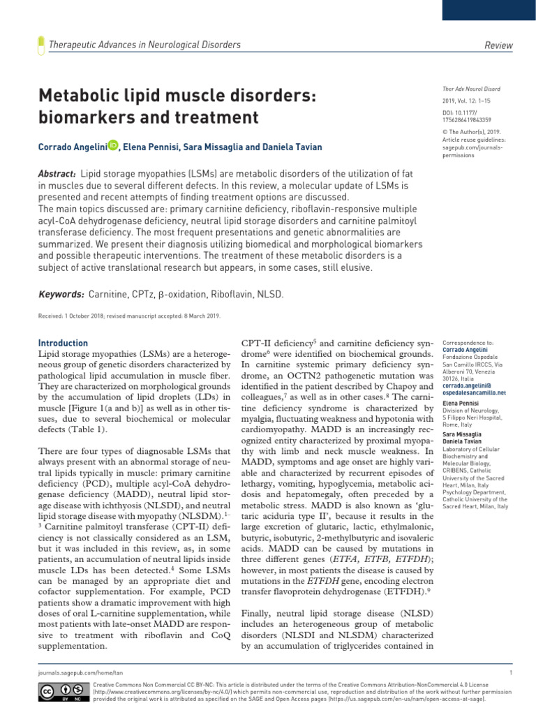 Metabolic Lipid Muscle Disorders: Biomarkers and Treatment | PDF ...