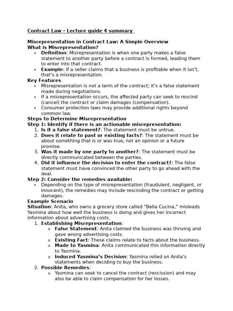 Contract Law - Lecture Guide 4 Summary | PDF | Misrepresentation | Law Of Obligations
