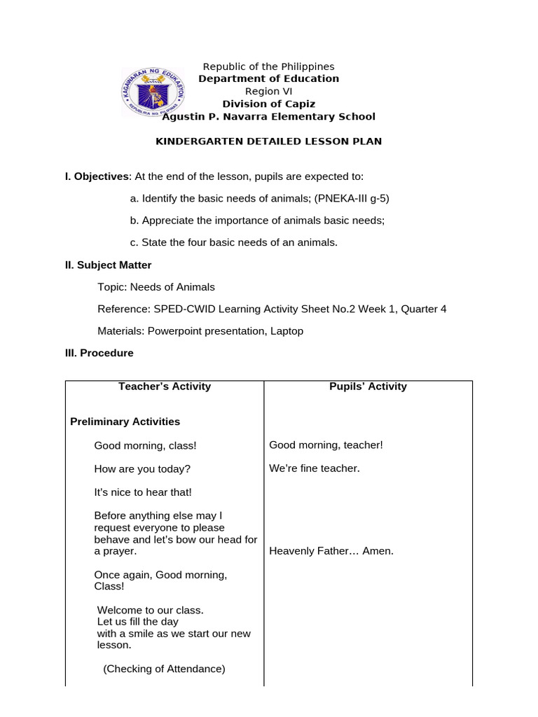 Kindergarten Lesson Plan: Animal Needs | PDF | Learning