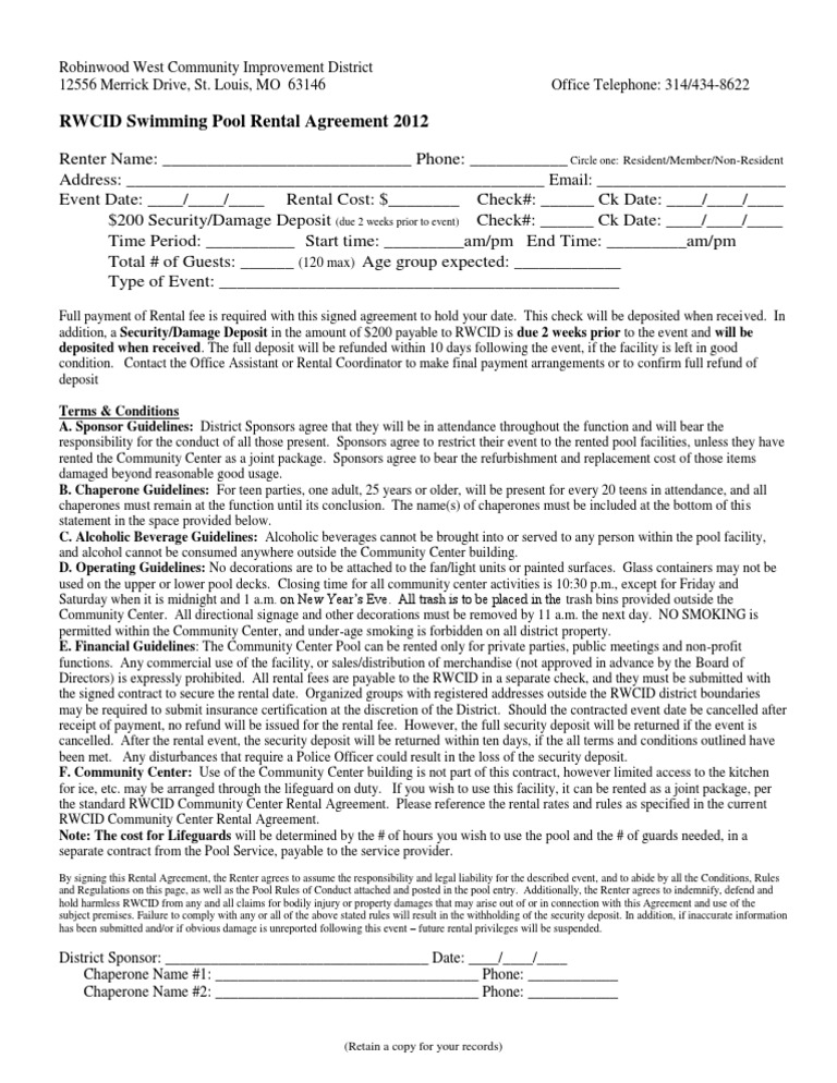 2012 RWCID Swimming Pool Rental Agreement | PDF | Lease | Cheque