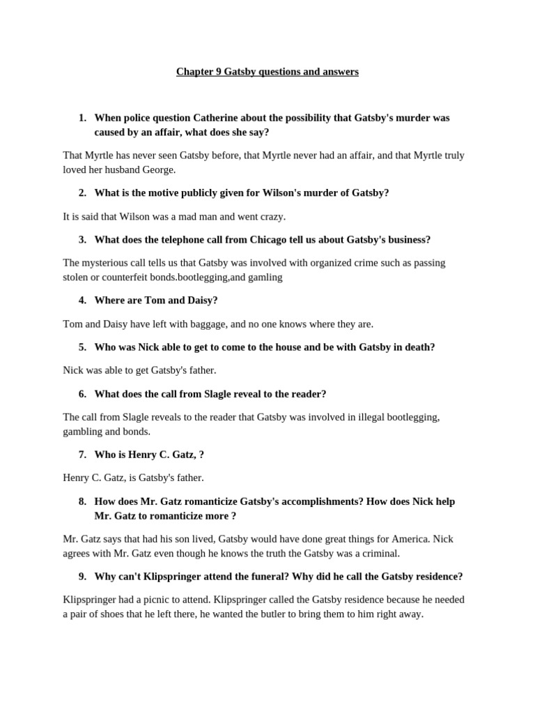 Chapter 9 Gatsby questions And answers | PDF | The Great Gatsby