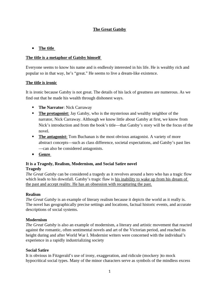 Gatsby Analysis Full Book | PDF | The Great Gatsby