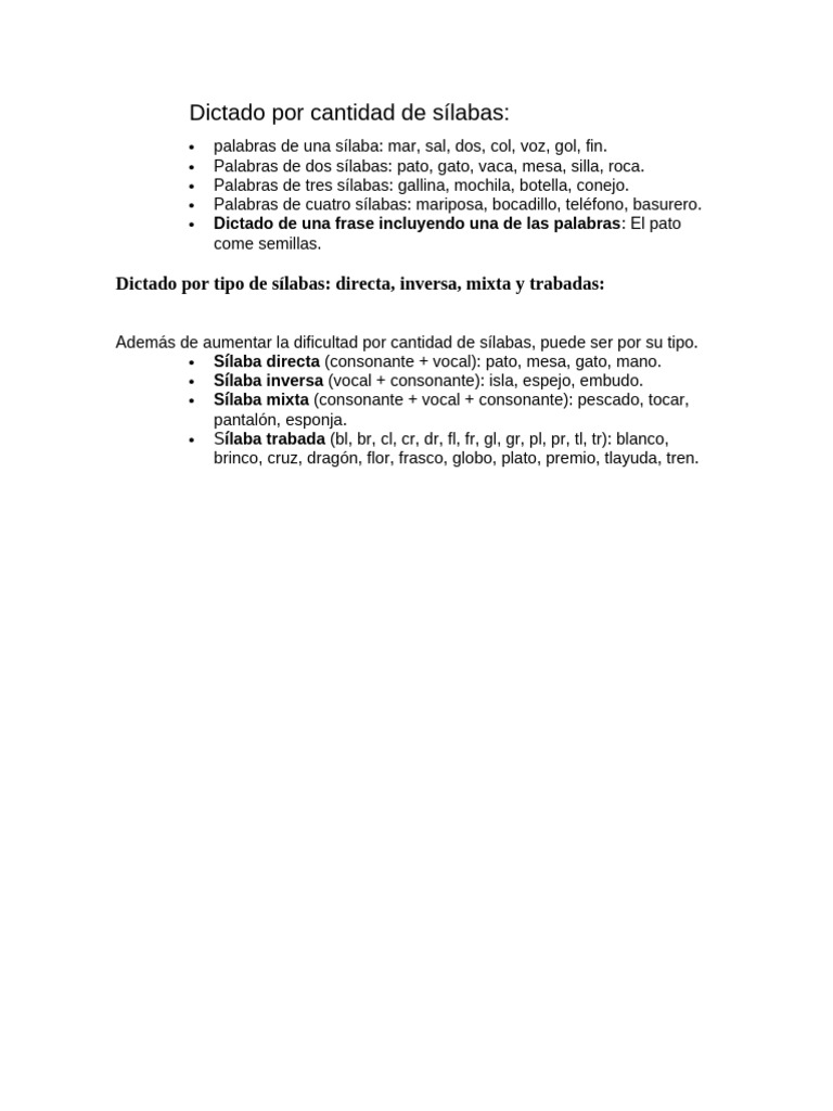Dictados por cantidad y tipo de sílabas | PDF