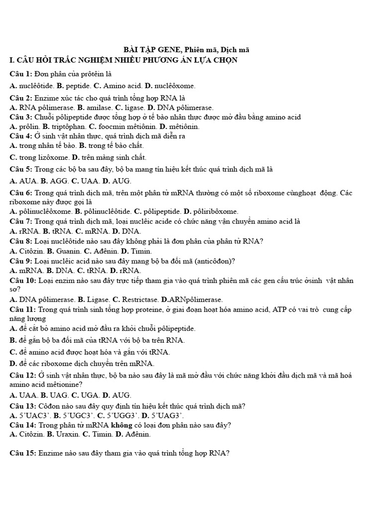 BÀI TẬP GENE, Phiên mã, Dịch mã | PDF