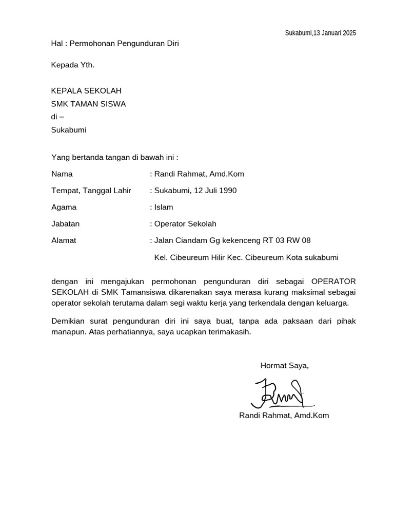 Surat Pengunduran Diri Randi | PDF