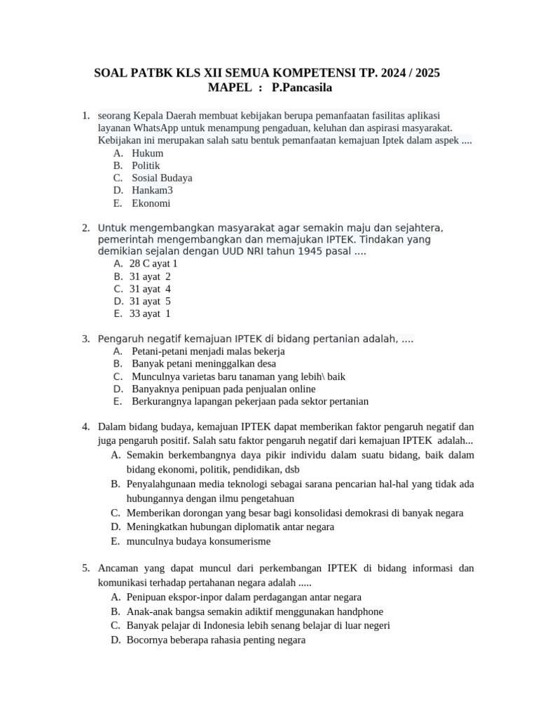 Soal PATBK Pancasila Kelas XII 2024 | PDF