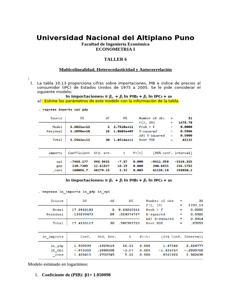 TALLER 6 Multicolinealidad Heterocedasticidad y Autocorrelacion | PDF | Multicolinealidad ...