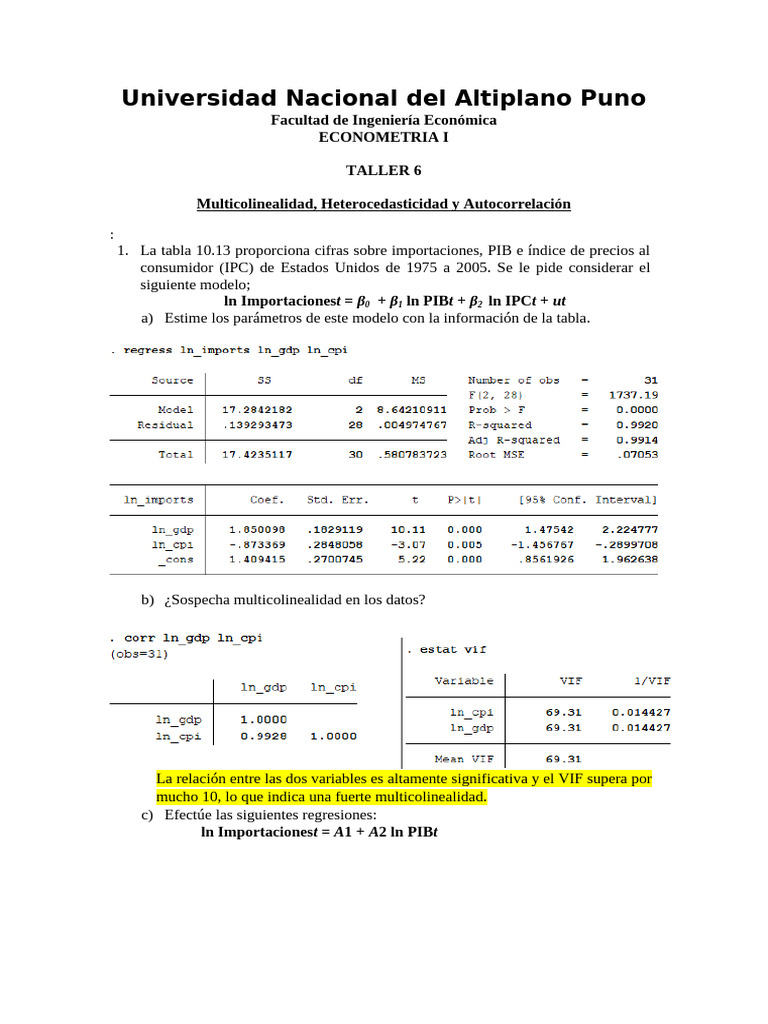 TALLER 6 Multicolinealidad Heterocedasticidad y Autocorrelacion | PDF | Multicolinealidad ...