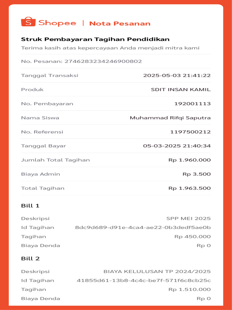 Nota Pesanan: Struk Pembayaran Tagihan Pendidikan | PDF