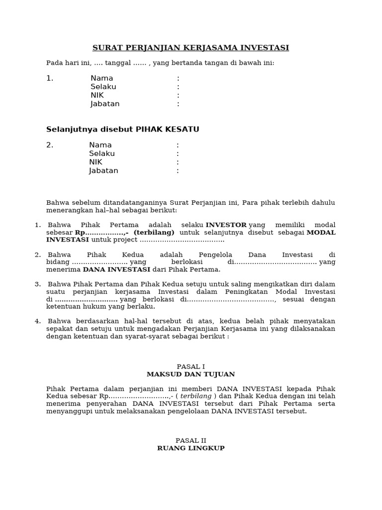 Perjanjian Kerjasama Investasi Modal | PDF