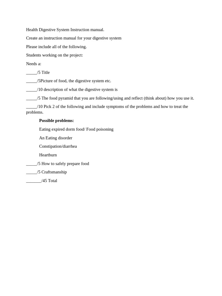 Digestive System Instruction Manual Rubric | PDF