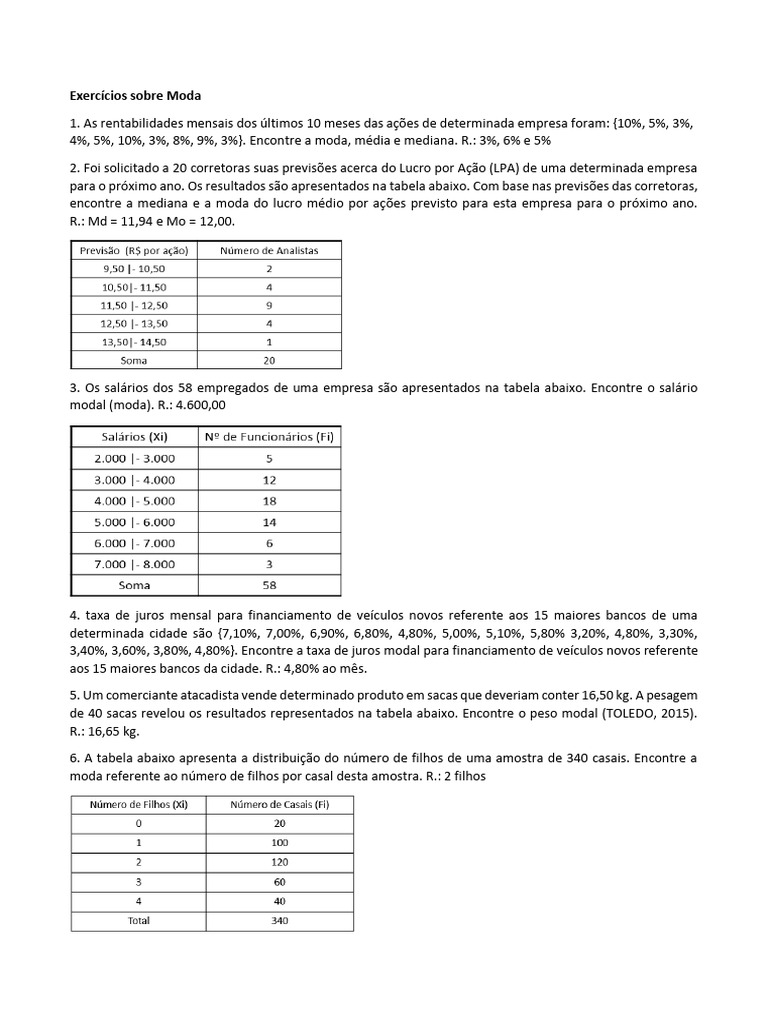 Exercícios de Estatística: Moda e Mediana | PDF