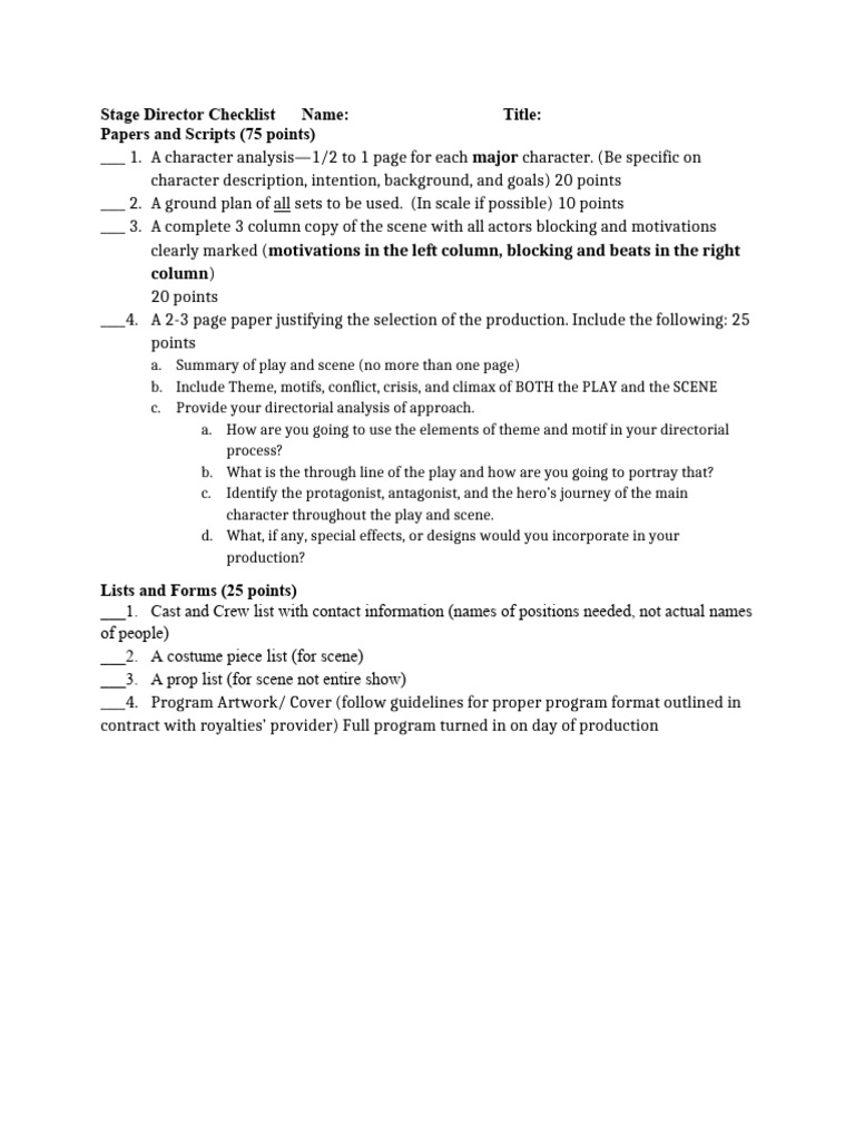 Stage Director Checklist for Productions | PDF
