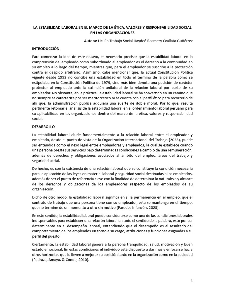 La Estabilidad Laboral en El Marco de La Ética, Valores y ...