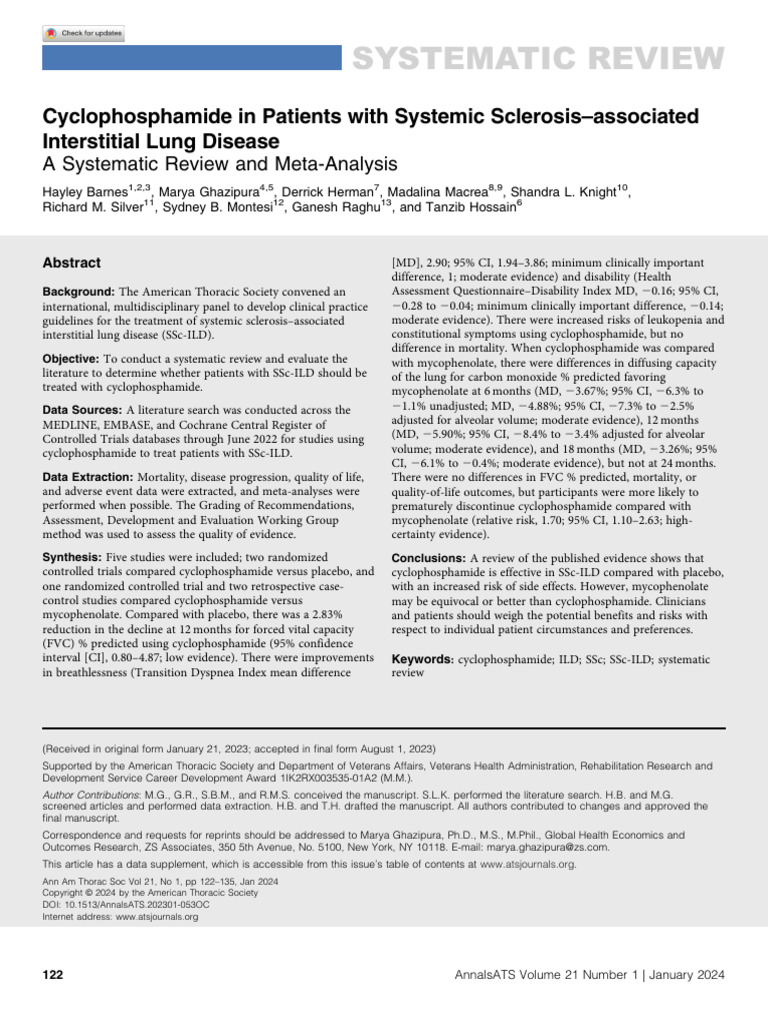 Barnes Et Al 2023 Cyclophosphamide in Patients With Systemic Sclerosis Associated Interstitial ...