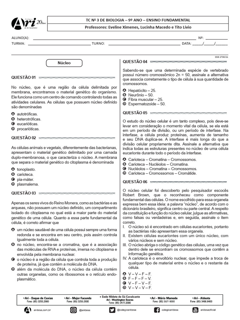 2730 21 Tc No 3 Biologia 9o Ano 2a Etapa (1) | PDF | Núcleo celular | Célula (Biologia)