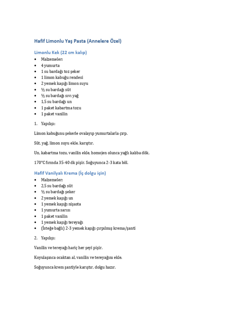 Hafif Limonlu Yas Pasta Tarifi | PDF