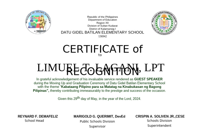 Certificate of Recognition: Limuel T. Lagani, LPT | PDF