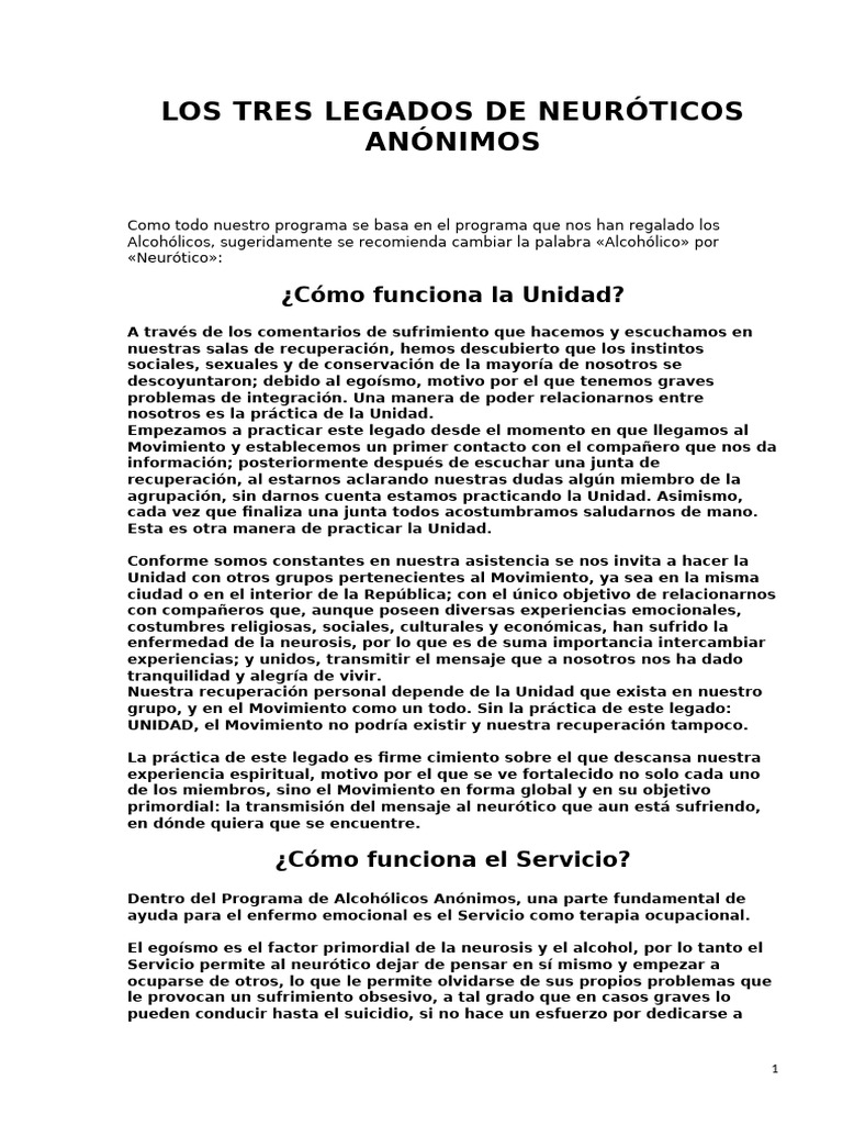 Los Tres Legados de Neuróticos Anónimos | PDF | Neurosis | alcoholicos ...