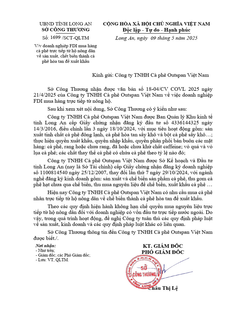 1699 - SCT-QLTM - 09-05-2025 - TL Cty Cà phê Outspan Việt Nam - ct.signed | PDF