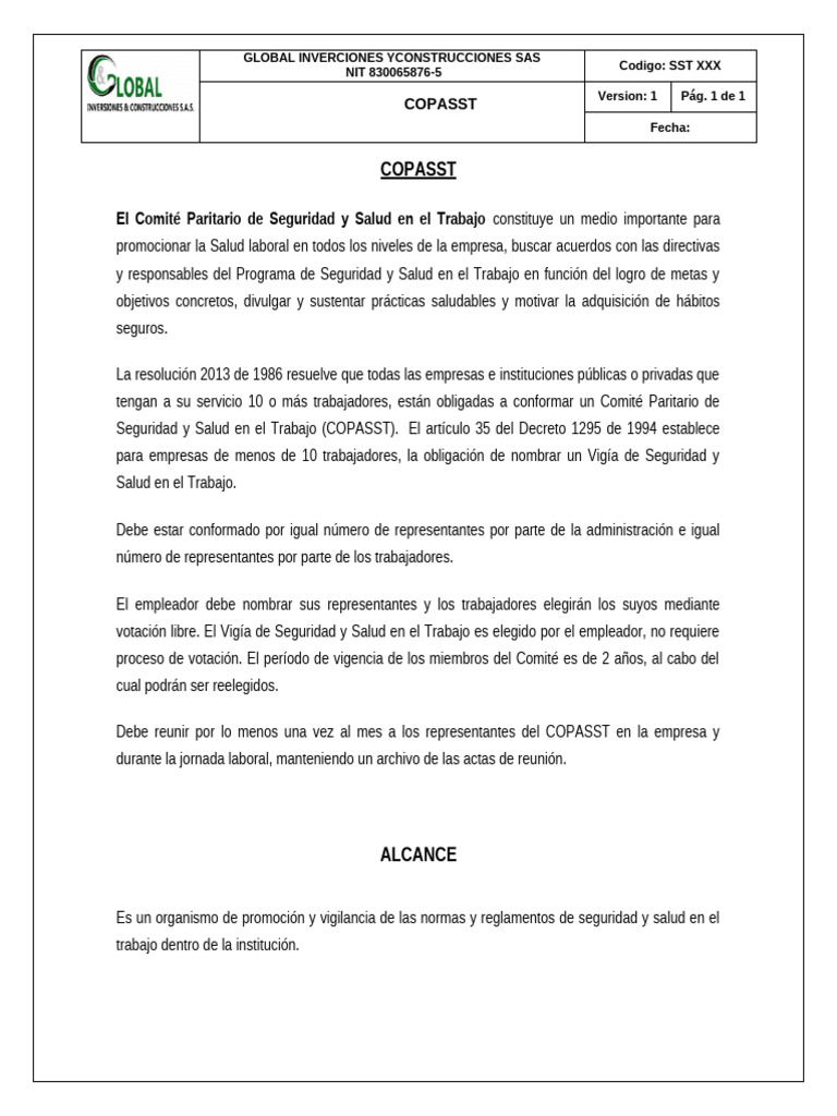 Copasst y Funciones Global | PDF | Seguridad y salud ocupacional | Derecho laboral