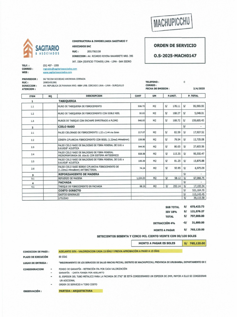 Orden de Servicio - 0147 OSMACH SUMINISTRO Y INSTALACIÒN DE DRYWALL A ...