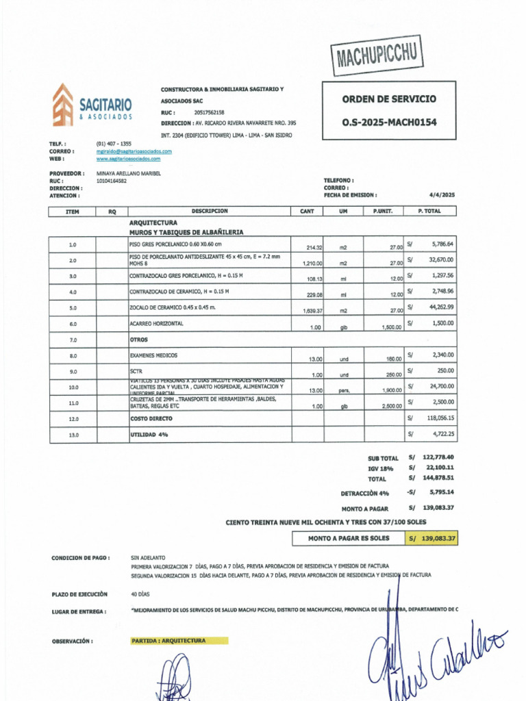 Orden de Servicio - 0154 OSMACH MANO DE OBRA ENCHAPADO DE PORCELANATO ...