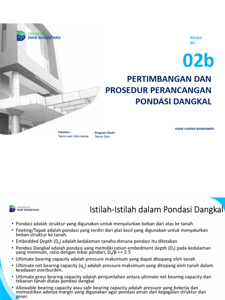 Modul 2B_Pertimbangan dan Prosedur Perancangan Pondasi Dangkal | PDF