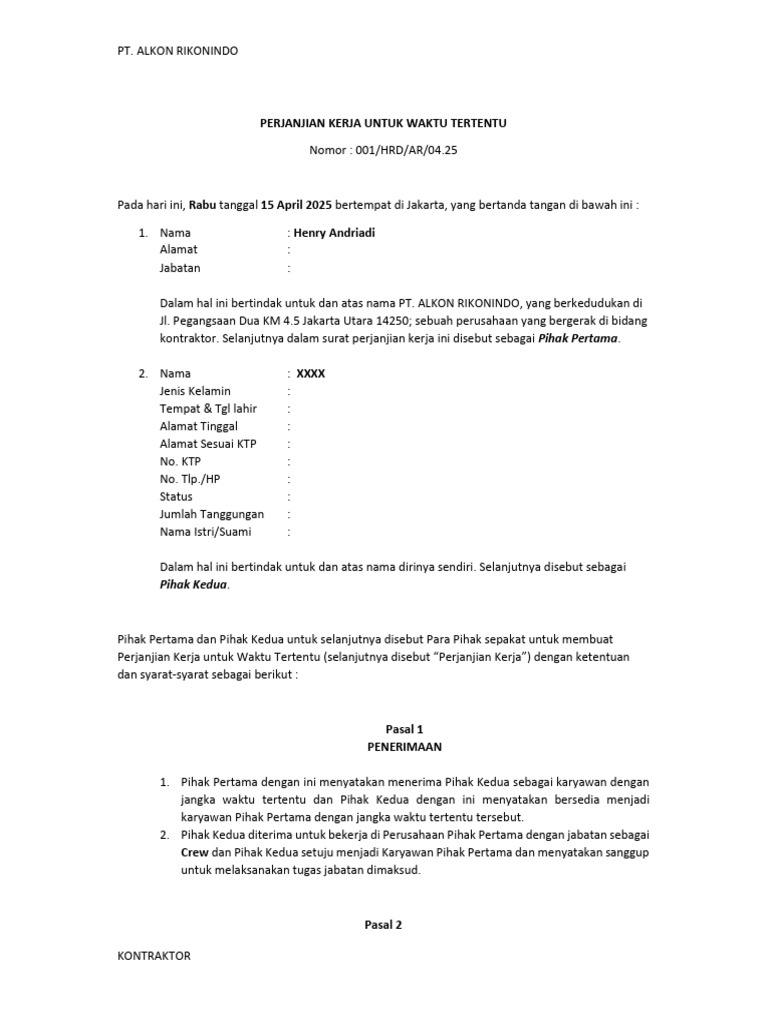 DRAFT KONTRAK PKWT ALKON | PDF