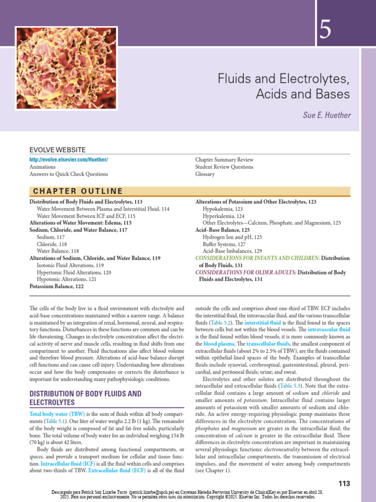 Fluids and Electrolytes, Acids and Bases: Chapter Outline | PDF | Edema ...