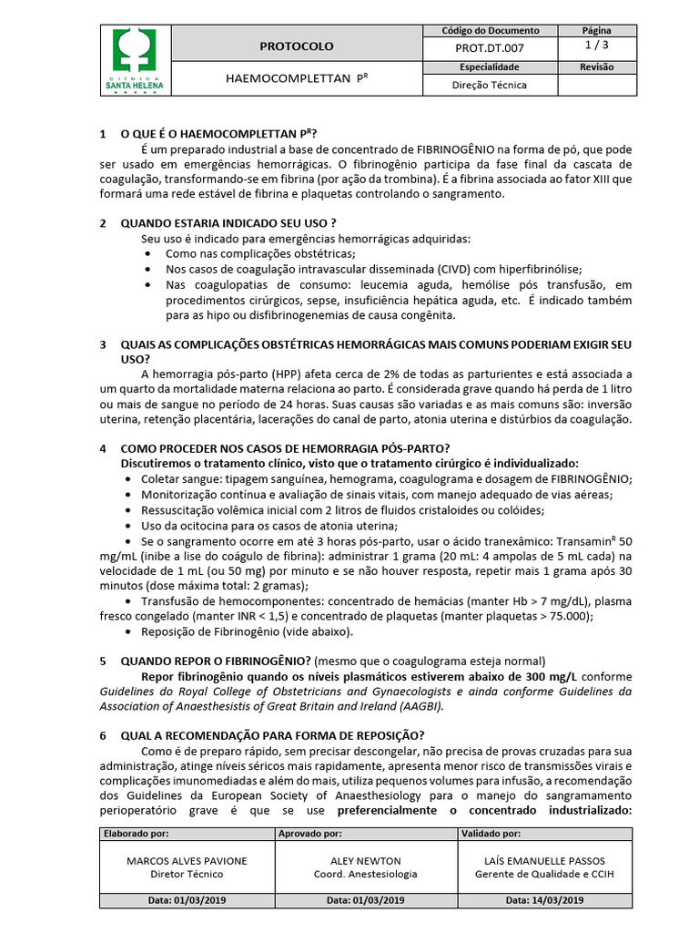 Prot - dt.007.00 - Haemocomplettan | PDF | Coagulação | Parto