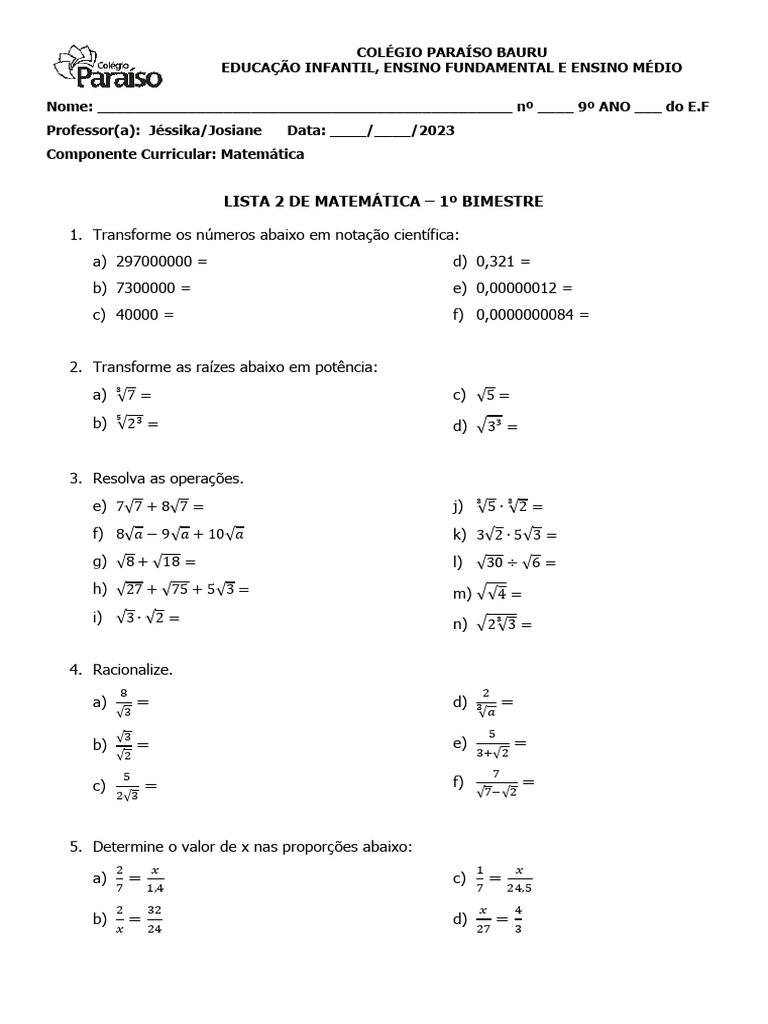 Lista de Matemática - 9º Ano E.F. | PDF | Matemática