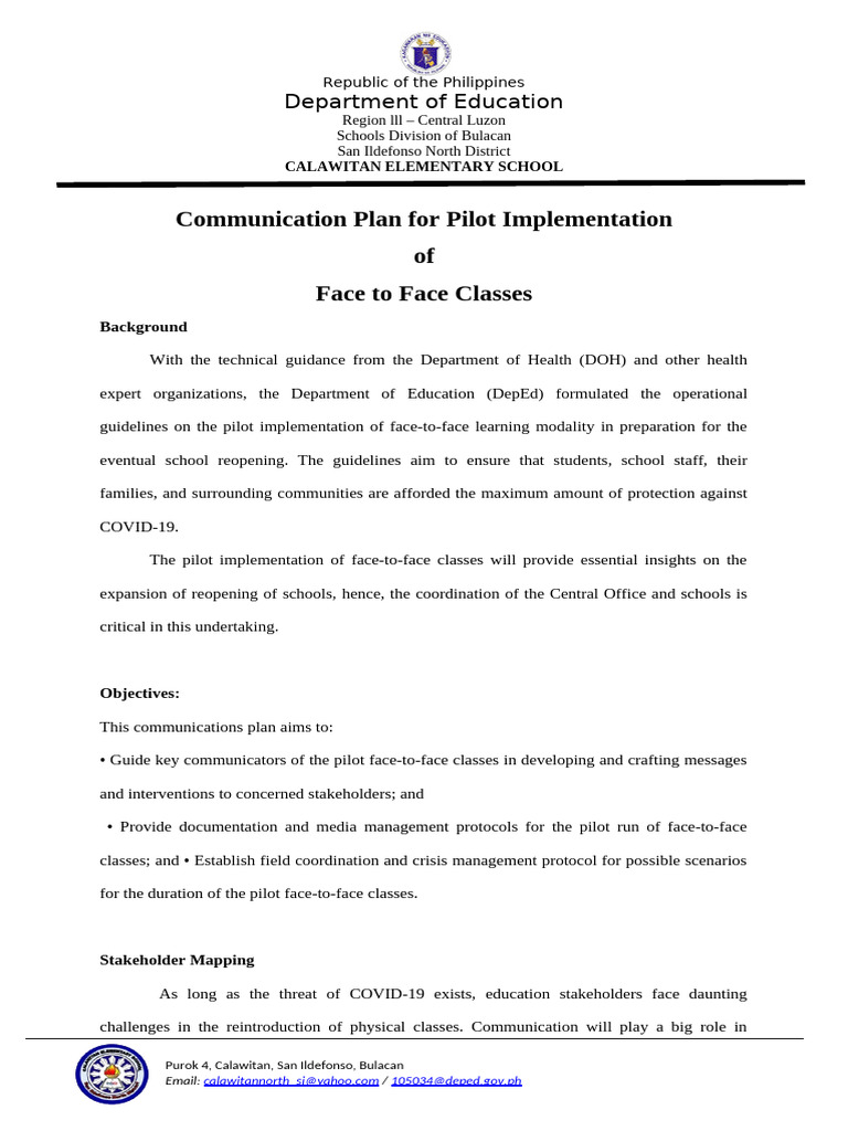 Communication Plan Face To Face | PDF | Communication