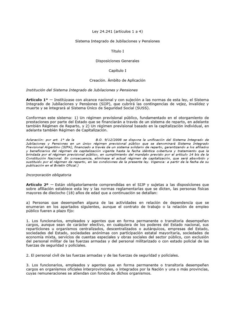 Ley 24241 art 1 a 4 | PDF | Jubilación | Pensión